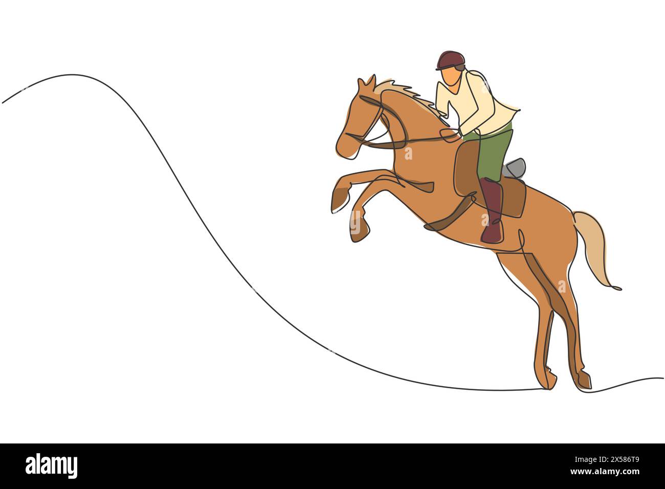 One continuous line drawing young horse rider man in jumping action ...