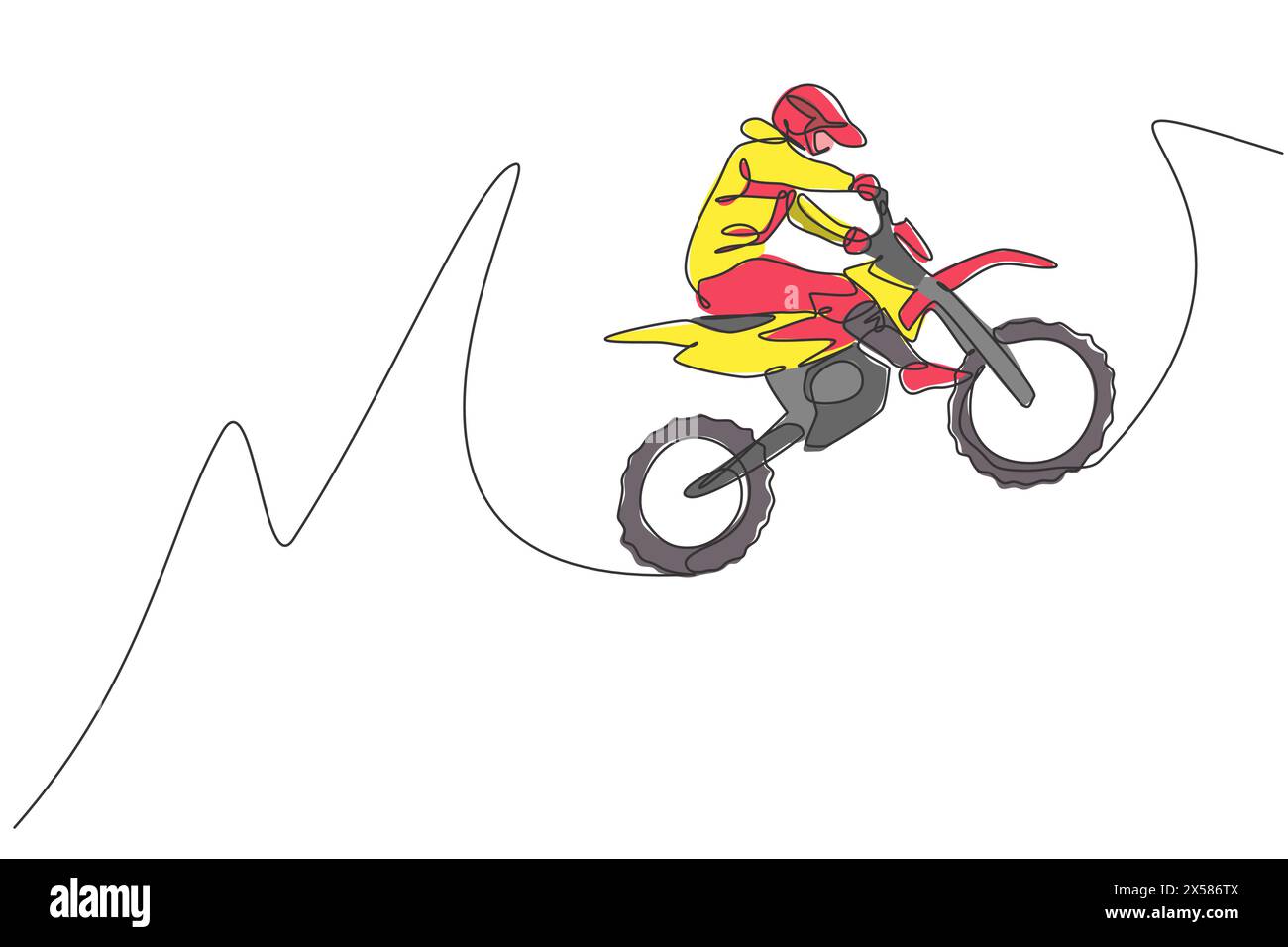 One continuous line drawing of young motocross rider jumping fly high ...