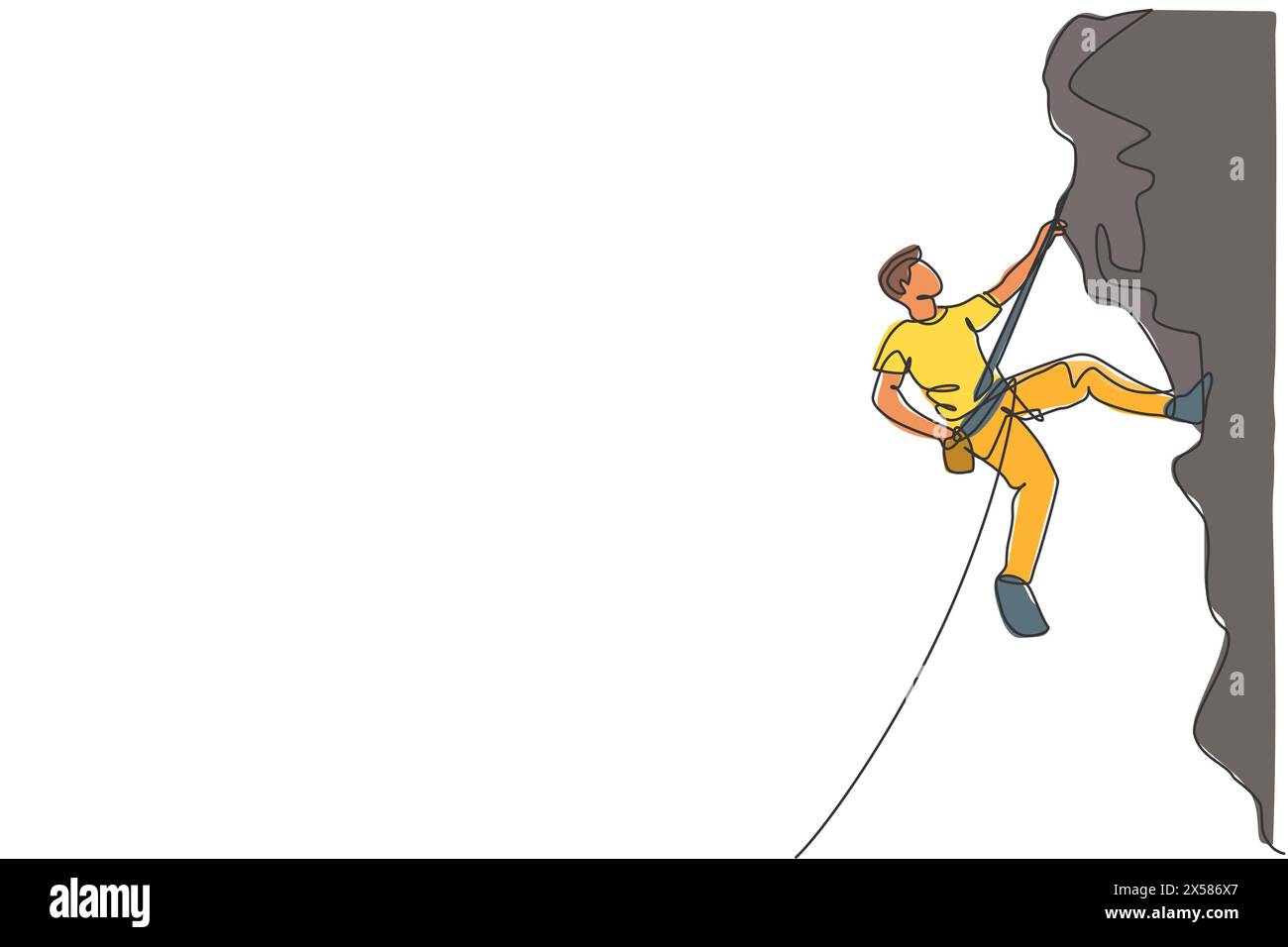 One single line drawing of young active man climbing on cliff mountain ...