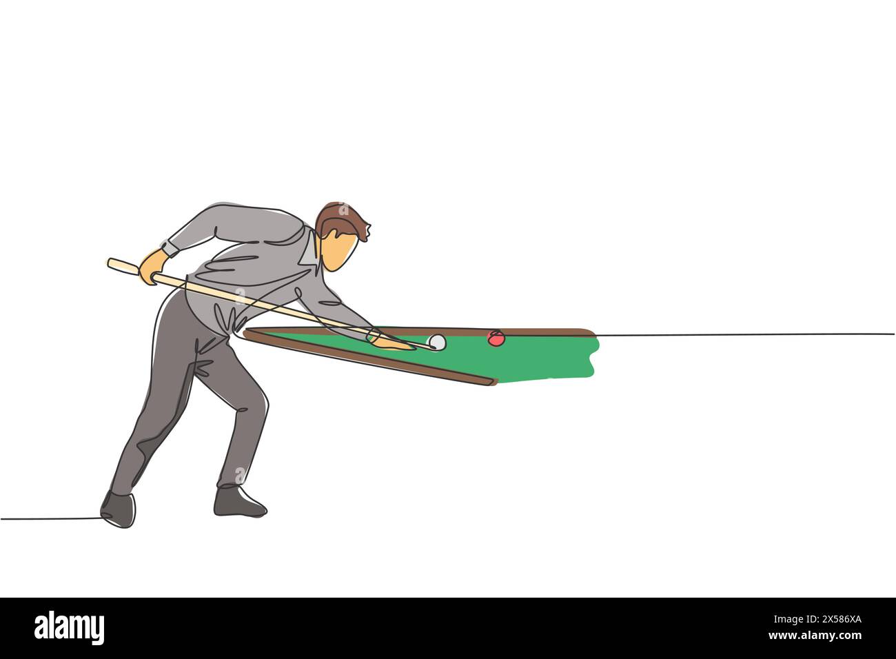 One single line drawing of young handsome man playing pool billiards at ...