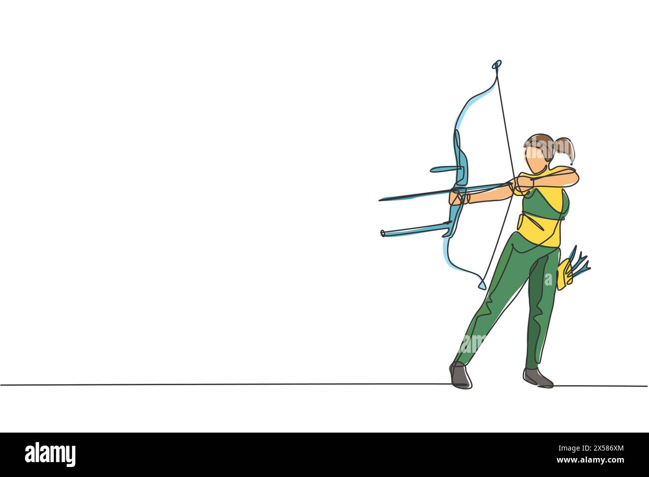 One continuous line drawing of young archer woman pulling the bow to ...