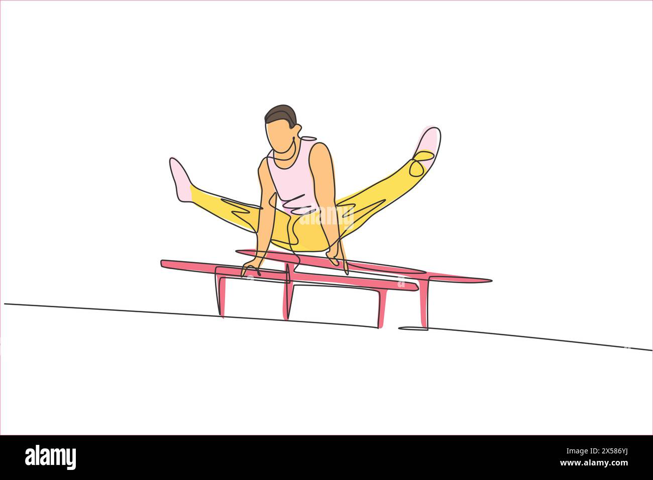 Single continuous line drawing young handsome professional gymnast man ...