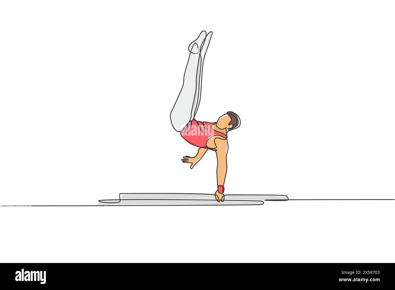 One continuous line drawing young man exercising parallel bars at ...