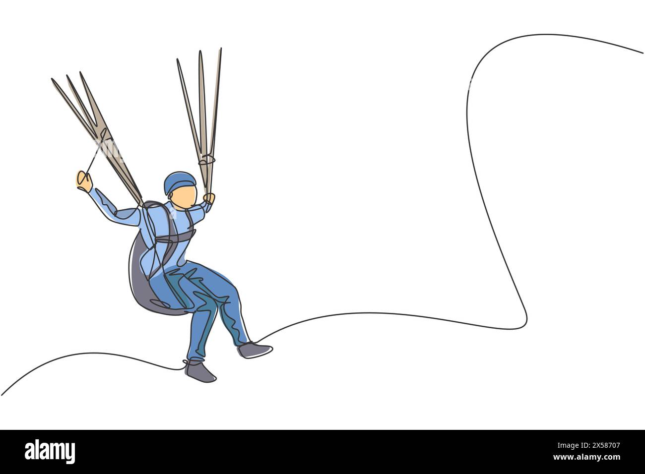One single line drawing of young sporty man flying with paragliding ...