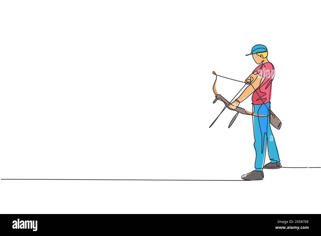 One continuous line drawing of young archer man pulling bow to shooting an archery target ...