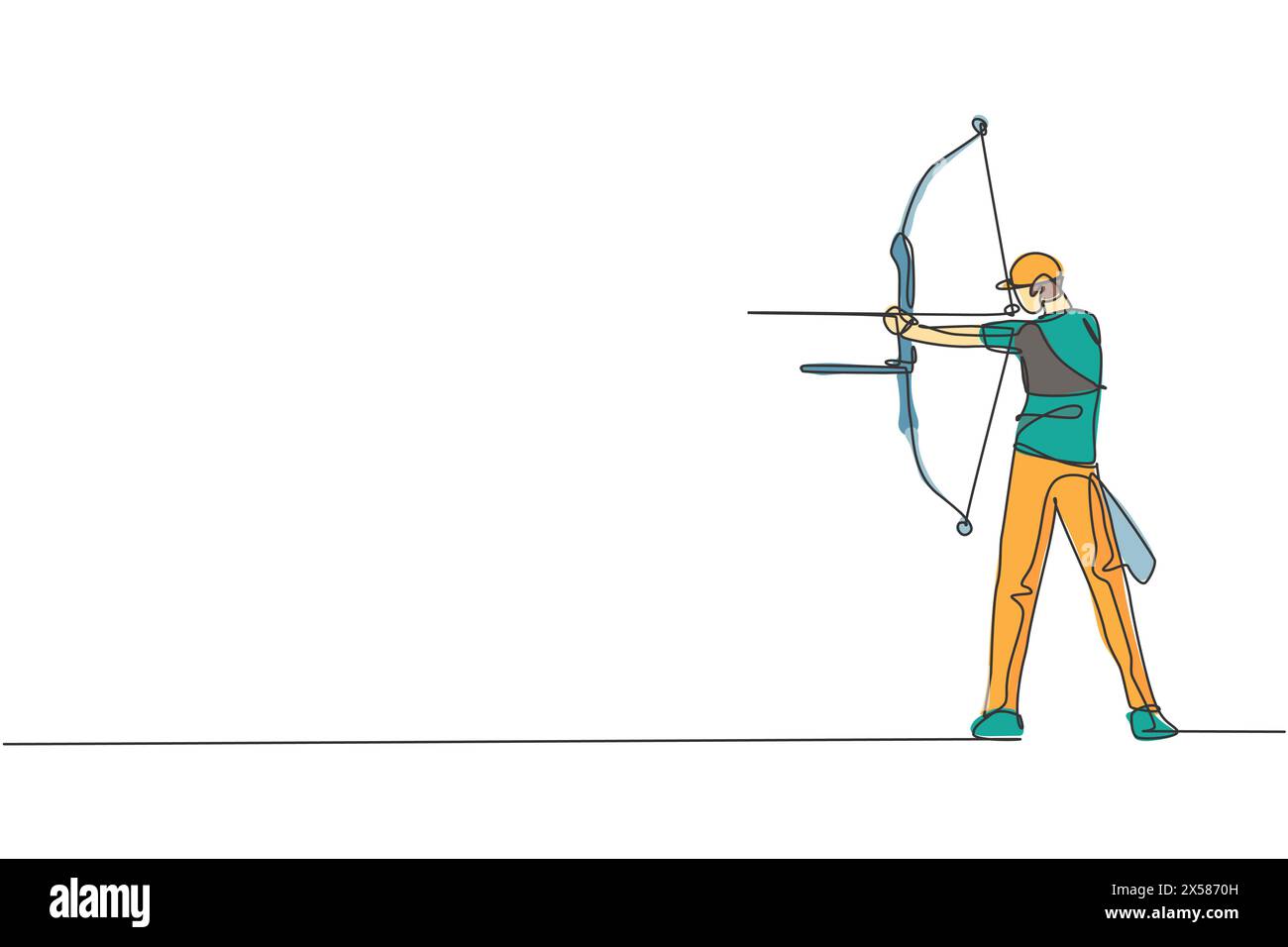 One single line drawing of young archer man focus exercising archery to ...