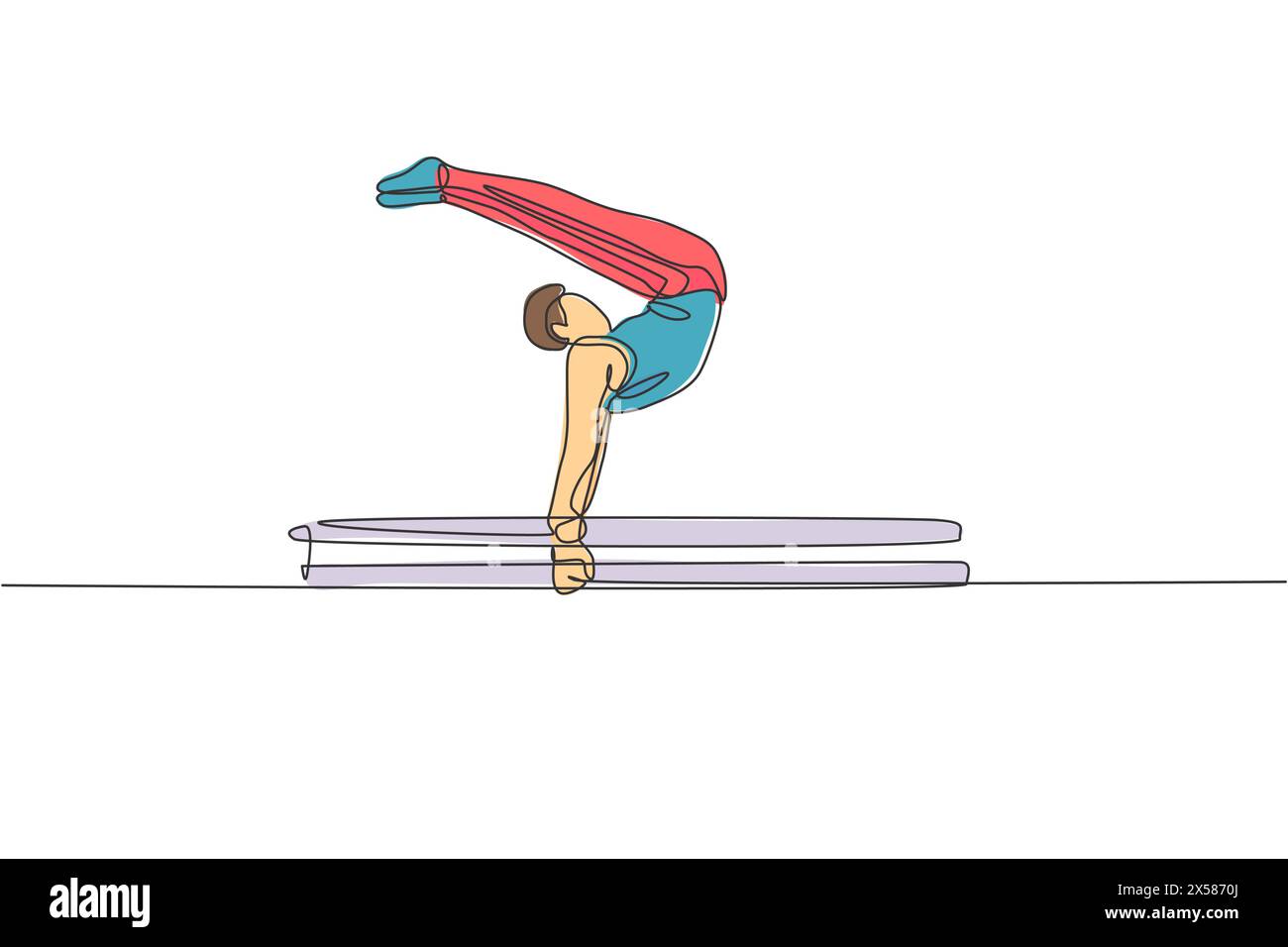 One single line drawing of young handsome gymnast man exercising ...