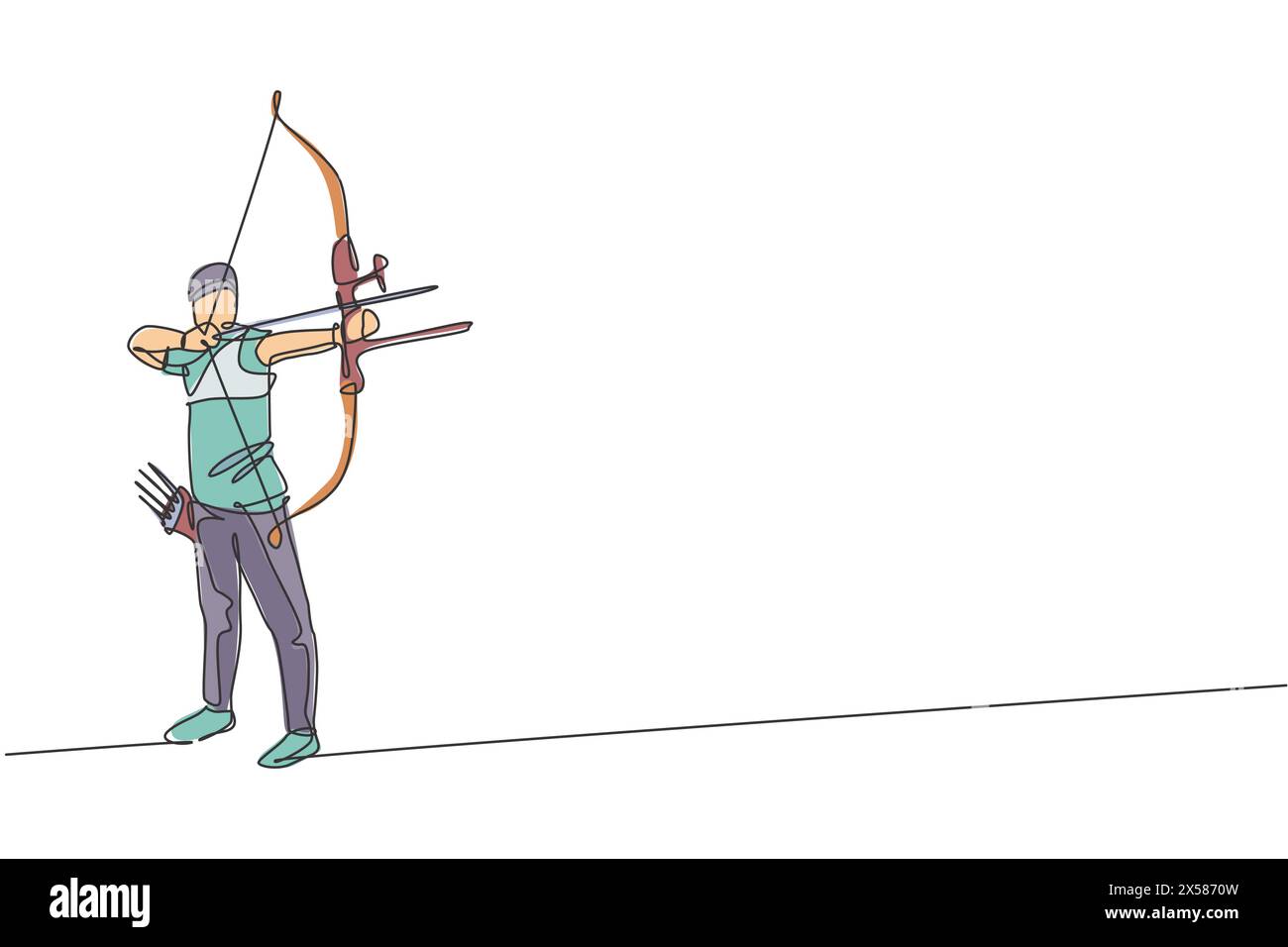 One single line drawing of young archer man focus exercising archery to ...
