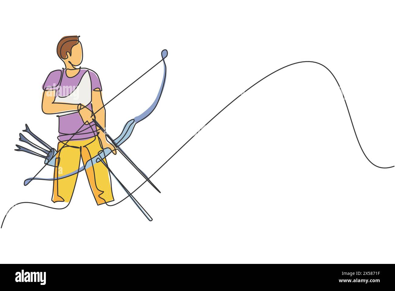 One single line drawing of young archer man focus exercising archery to ...