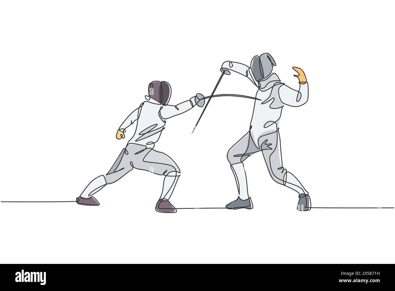 Single continuous line drawing two young pro fencer athlete women in ...