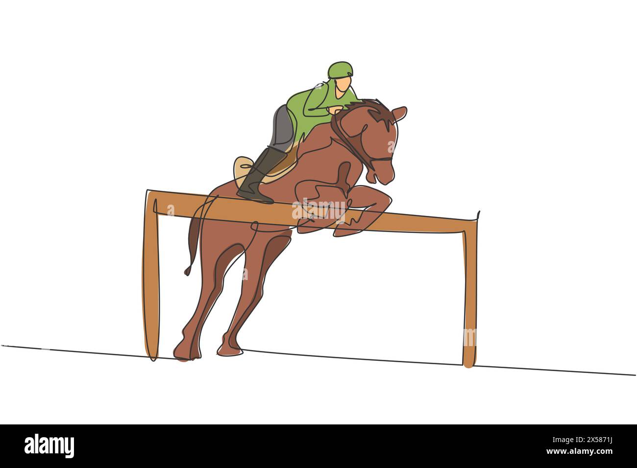 One single line drawing of young horse rider man performing dressage ...