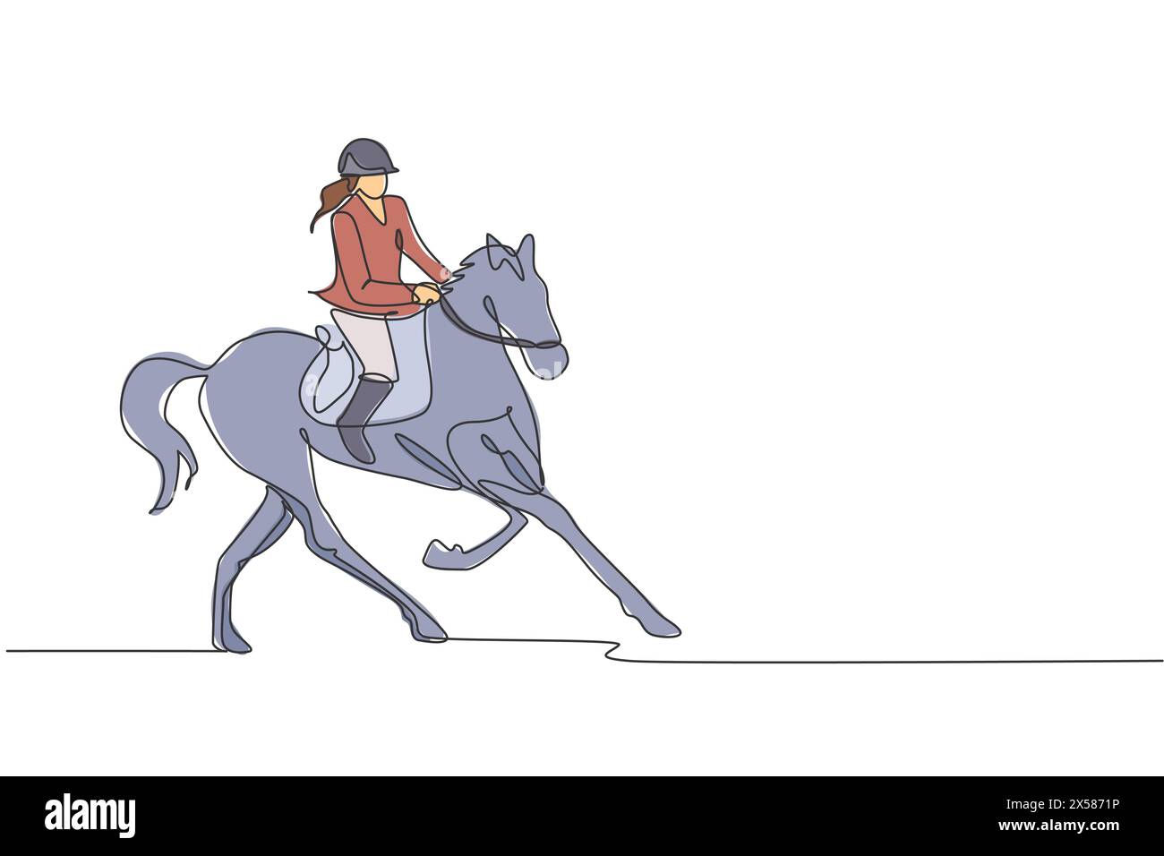 One continuous line drawing of young horse rider woman in action ...