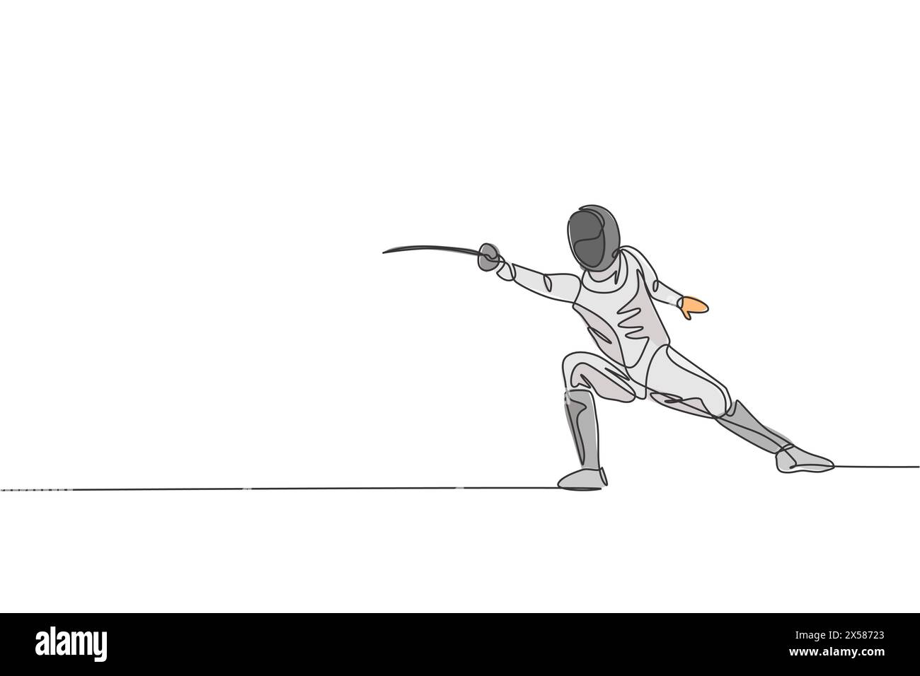 One continuous line drawing of young fencing athlete practice fighting ...