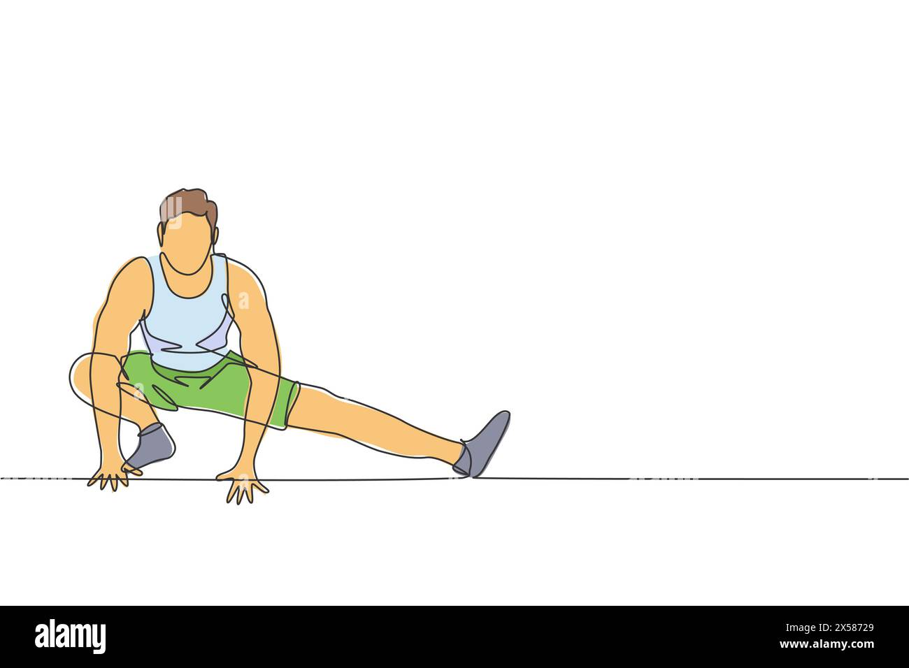One continuous line drawing of young sporty man working out stretching ...
