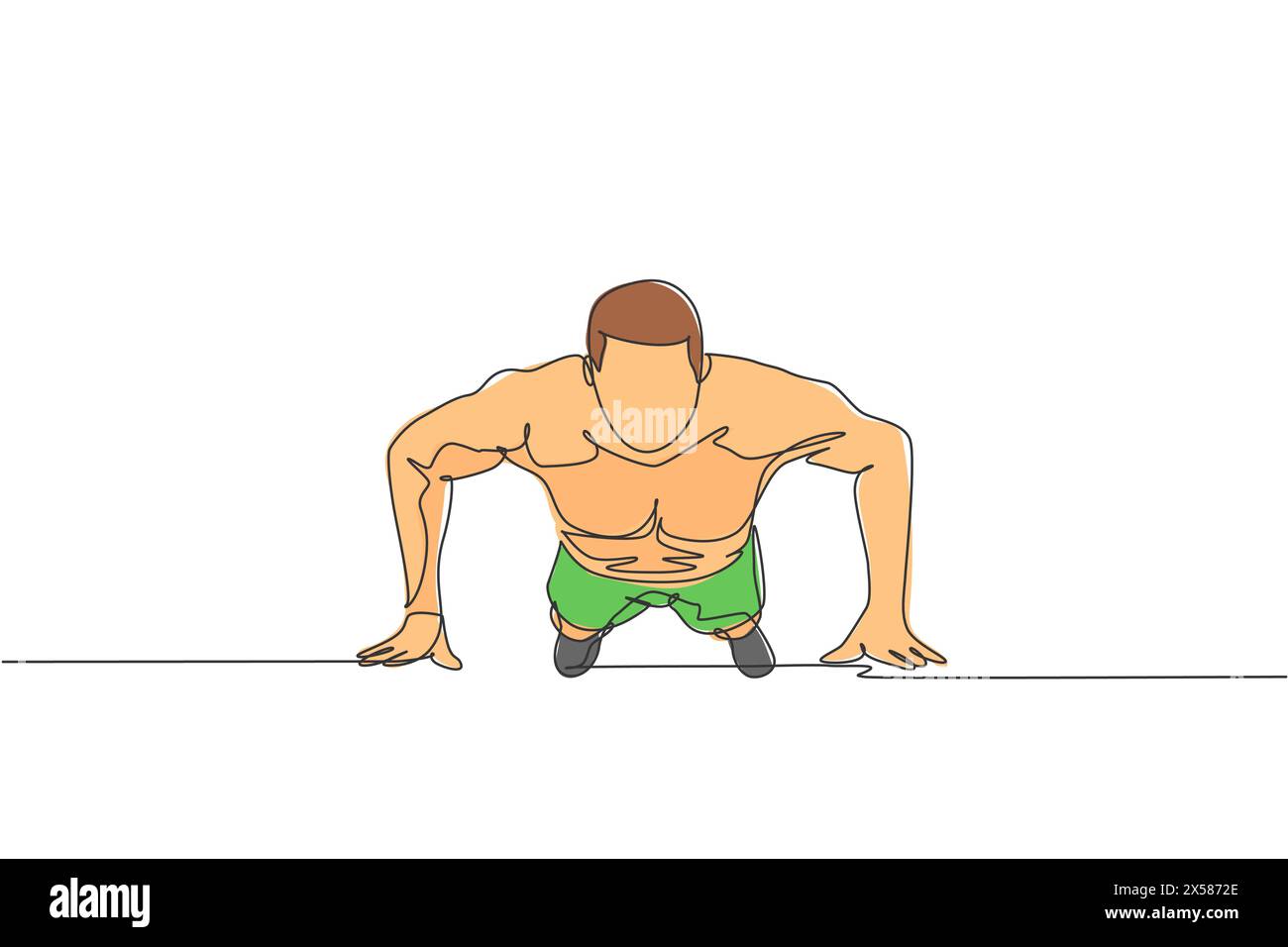 Single continuous line drawing of young sportive man training push up ...