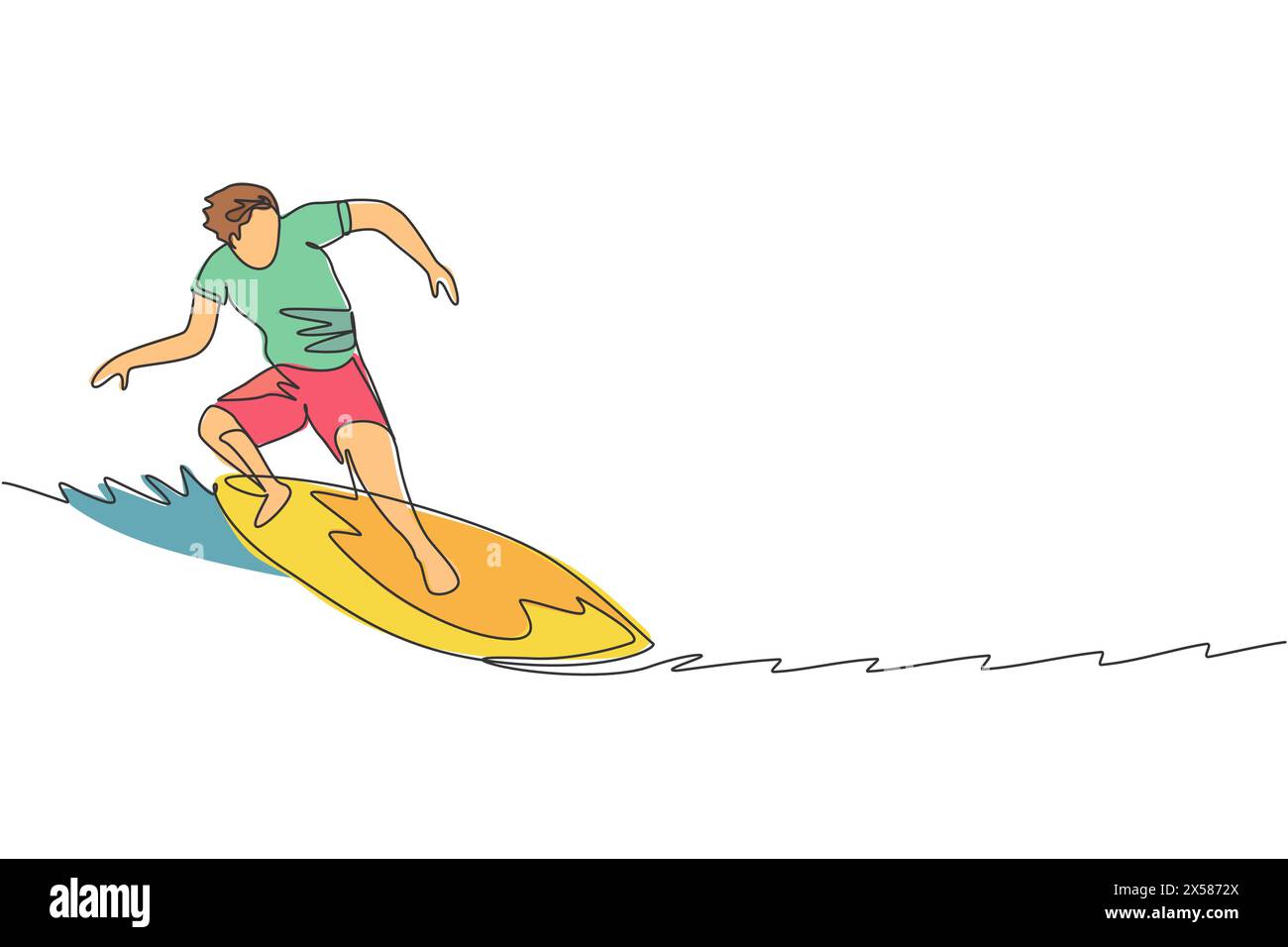 One continuous line drawing young happy tourist surfer exercising ...