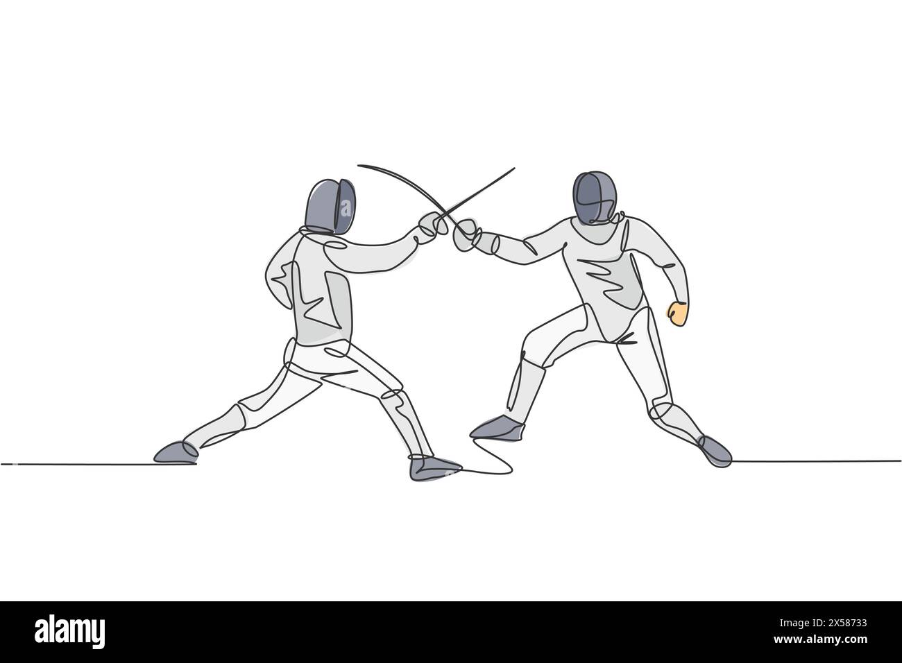 One single line drawing of two male fencer athletes in fencing ...