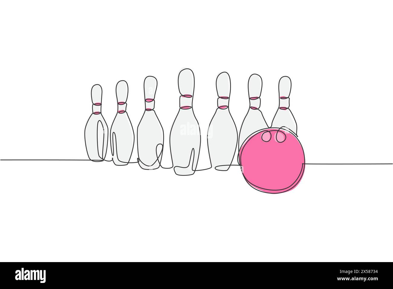 Single continuous line drawing bowling pins lined up at bowling lane ...
