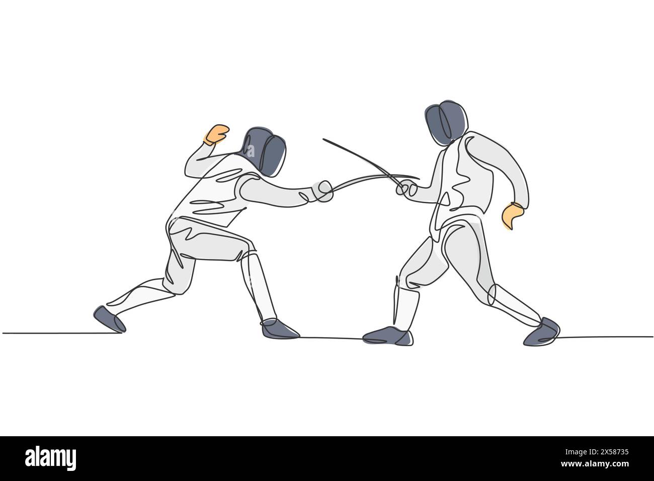 One continuous line drawing of two men fencing athlete practice ...