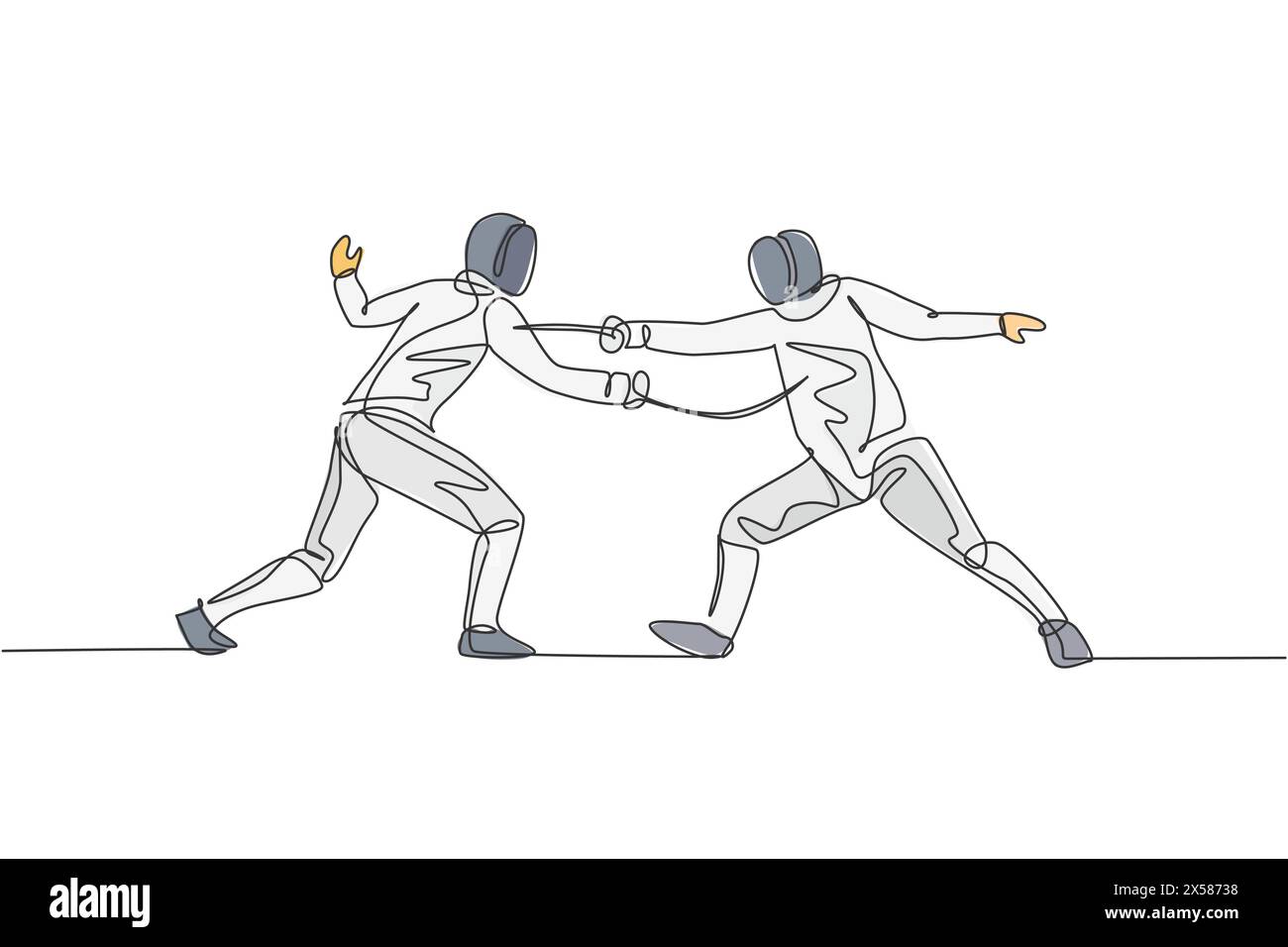 Single continuous line drawing of two pro fencer athlete women in ...