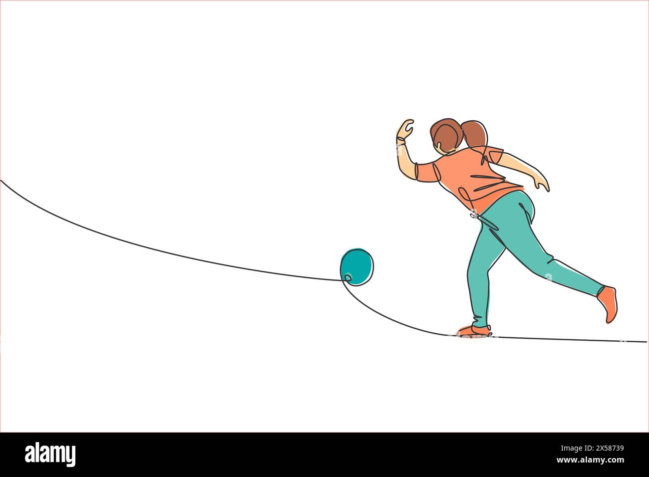 One single line drawing young talented bowling player woman throw ball ...