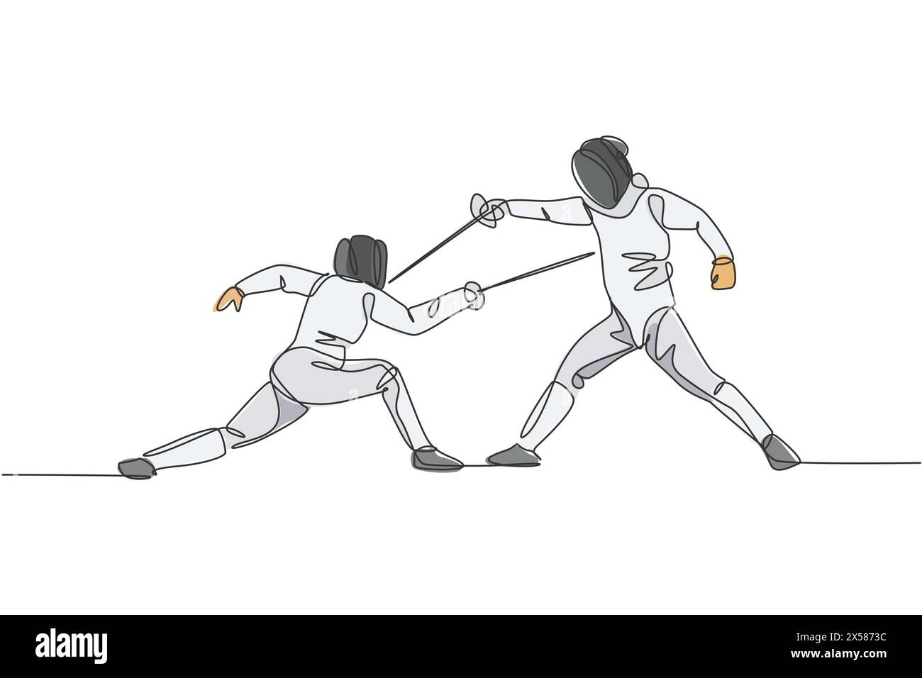 One single line drawing of two young male fencer athletes in fencing ...
