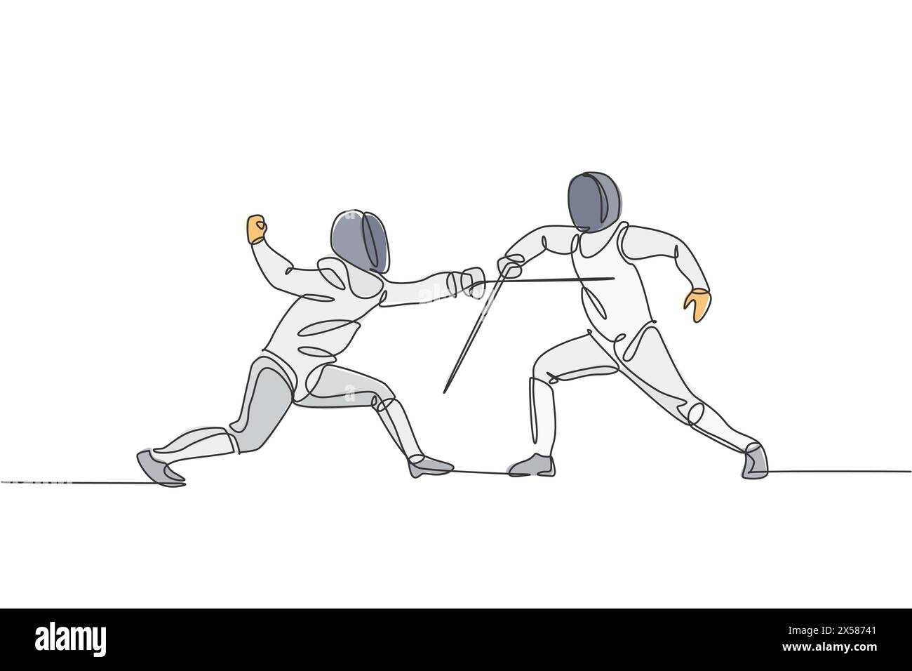 One single line drawing of two young men fencer athletes in fencing ...