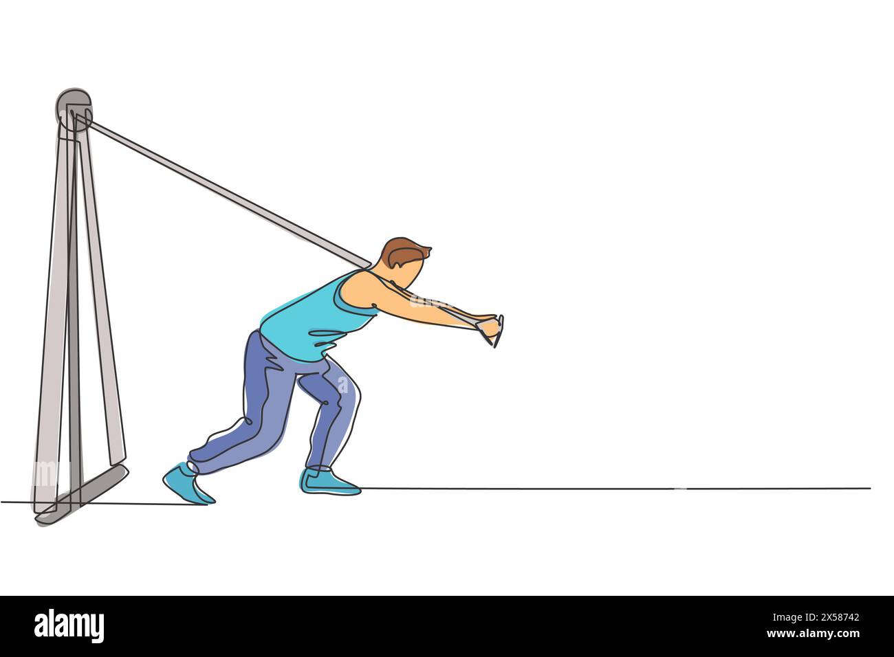 One continuous line drawing of young sporty man working out pull ...