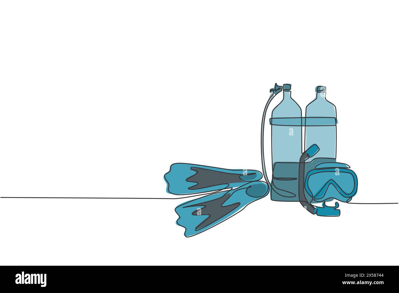 One continuous line drawing wetsuit, swimsuit, regulator, oxygen, mask ...