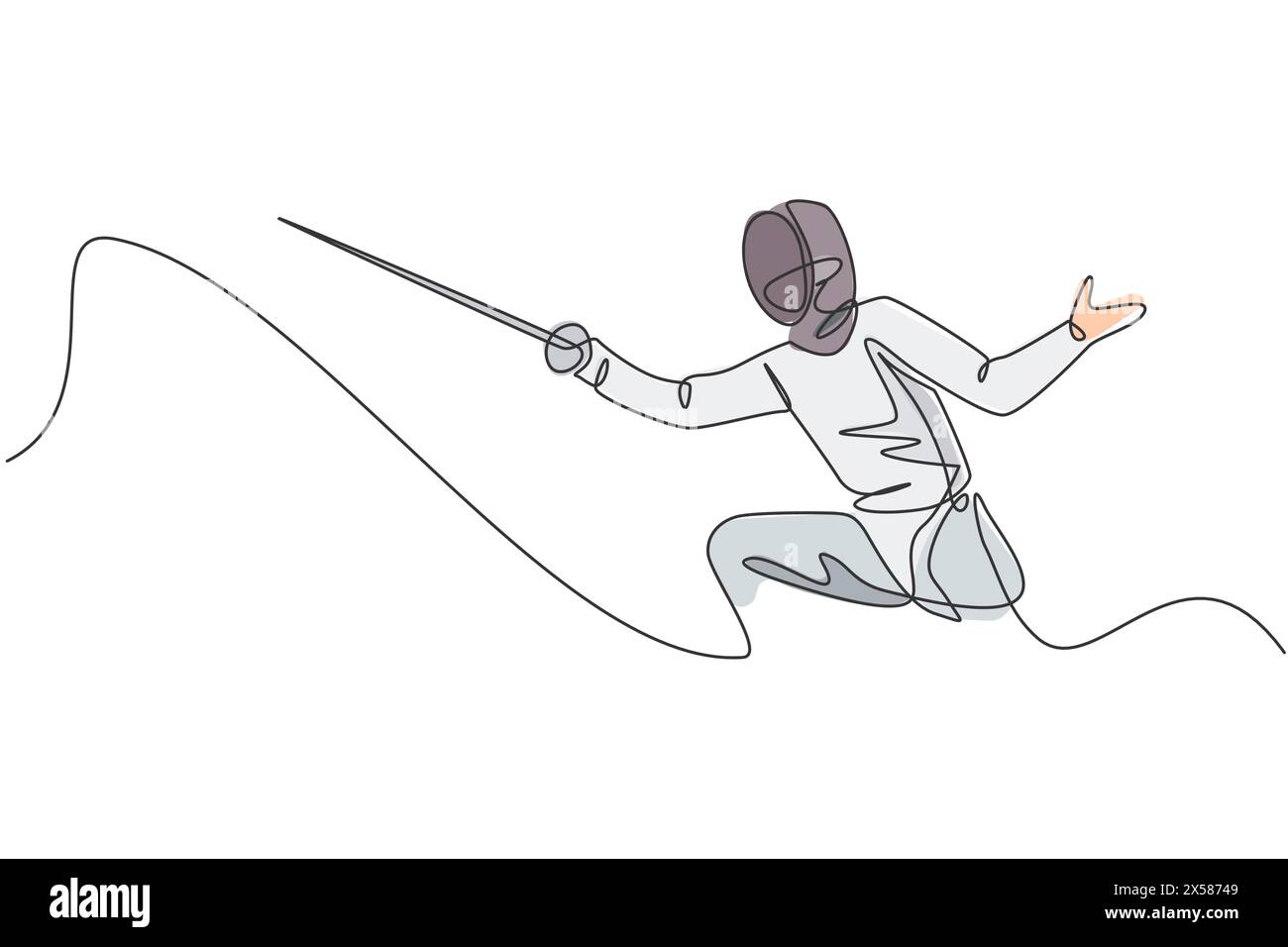One single line drawing of a young woman fencer athlete in fencing ...