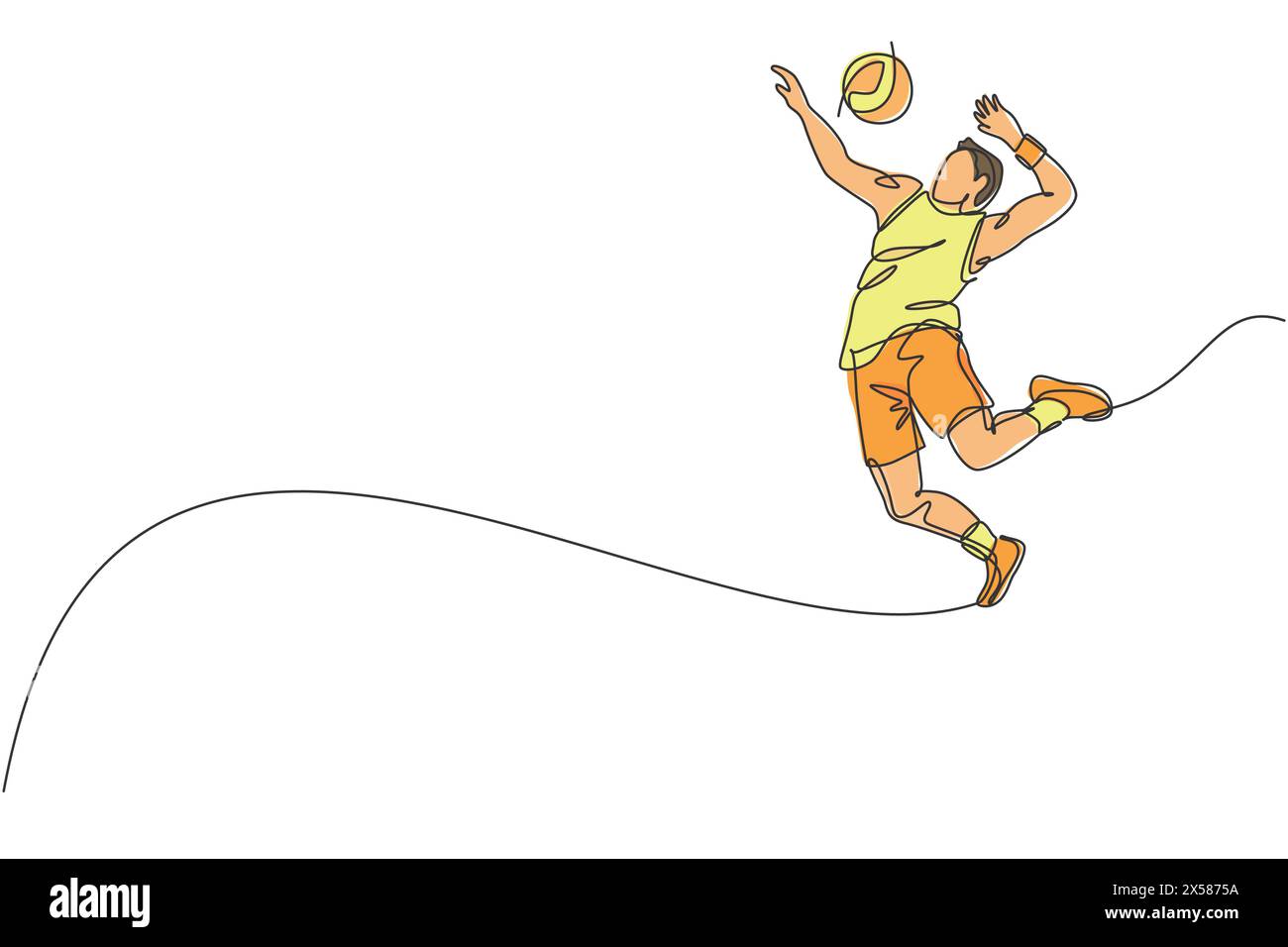 One continuous line drawing of young male professional volleyball ...