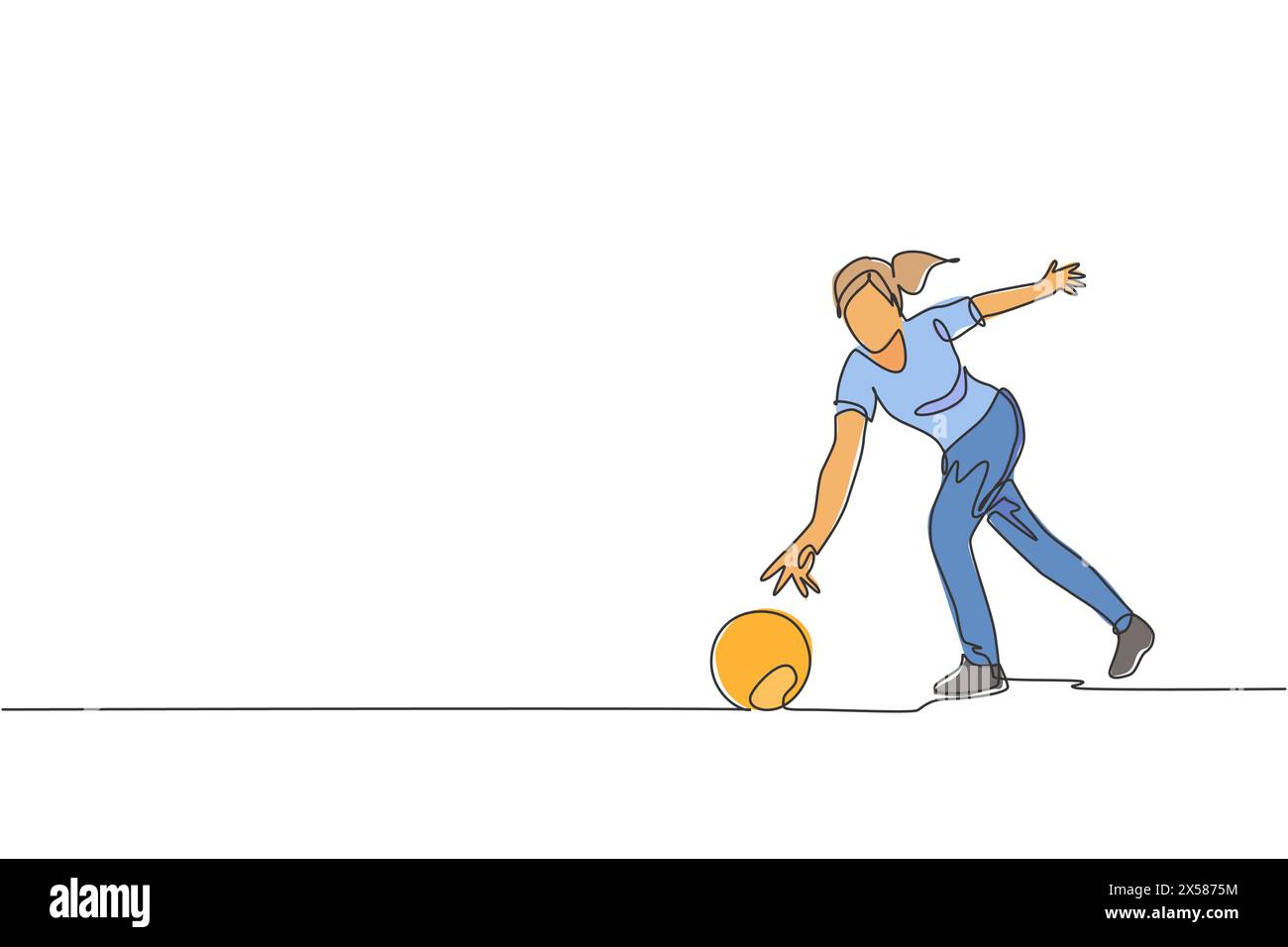 Single continuous line drawing young happy bowling player woman throw ...