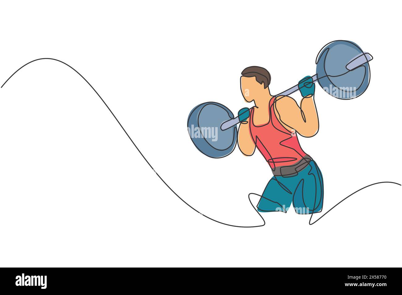 One continuous line drawing of young bodybuilder man doing exercise with a heavy weight bar in ...