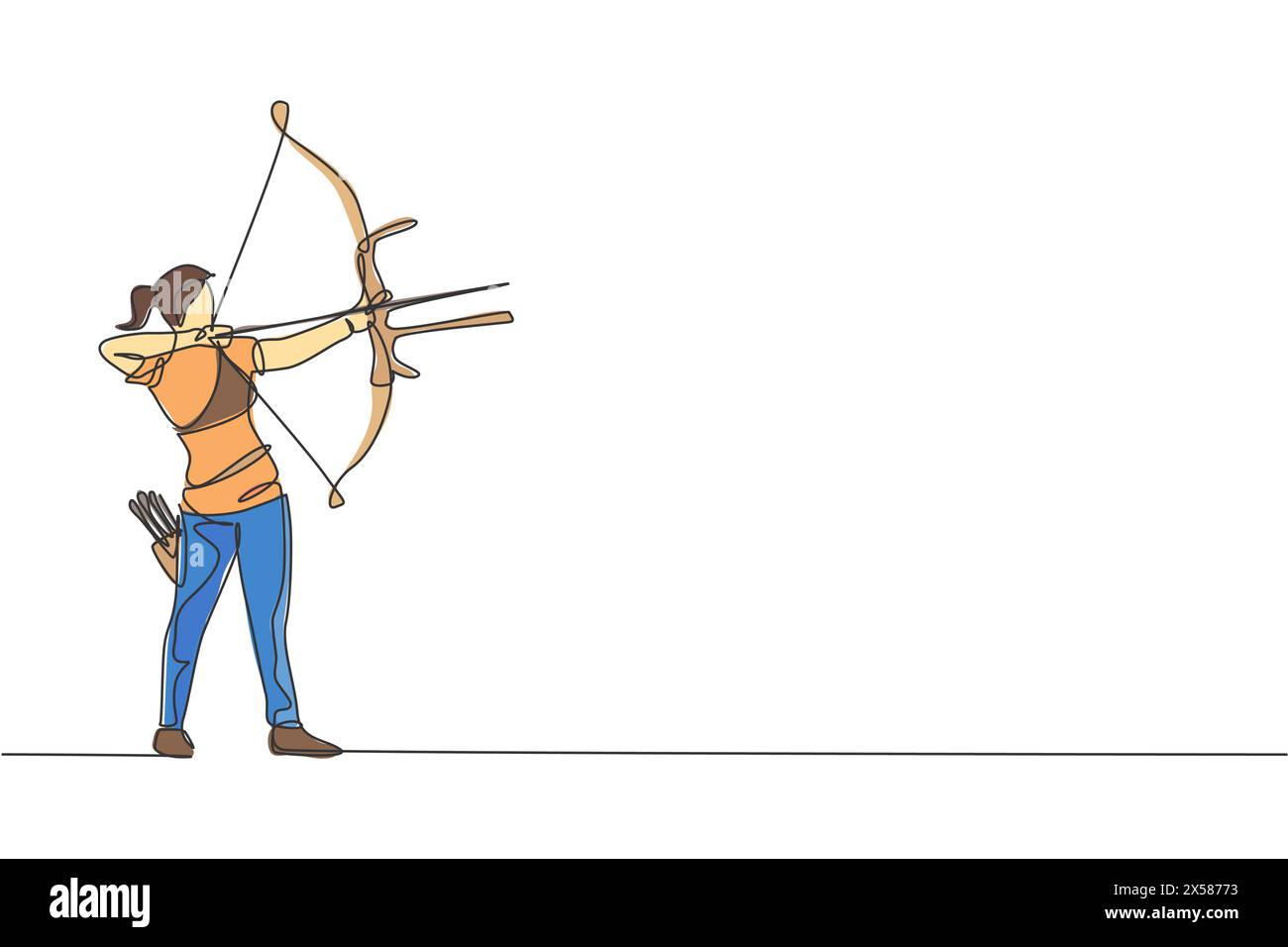 One continuous line drawing of young archer woman pulling the bow to ...
