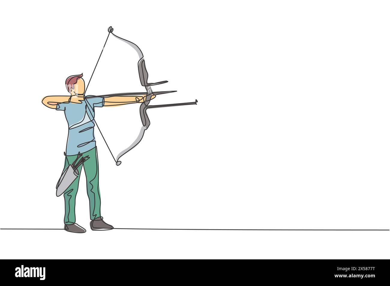 One continuous line drawing of young archer man pulling bow to shooting an archery target ...