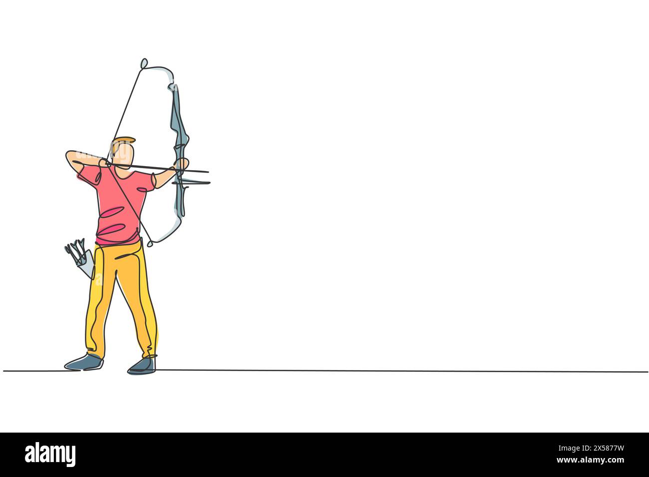 One single line drawing of young archer man focus exercising archery to ...