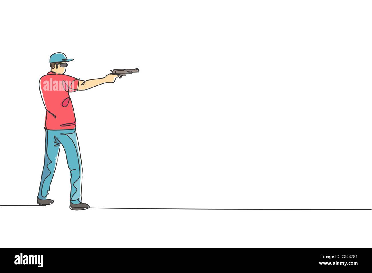 One single line drawing of young man practicing to shot target in range ...
