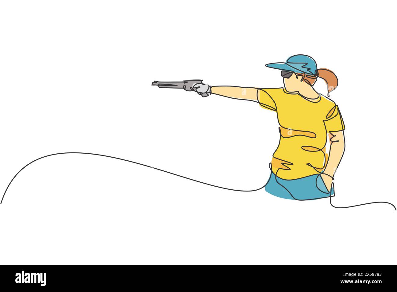 One single line drawing young woman practicing to shot target in range ...