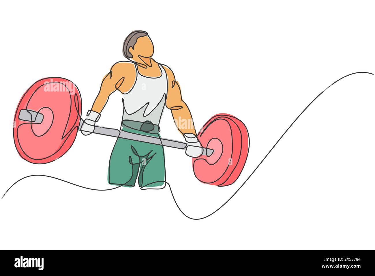 Single continuous line drawing of young strong weightlifter man preparing for barbell workout in ...
