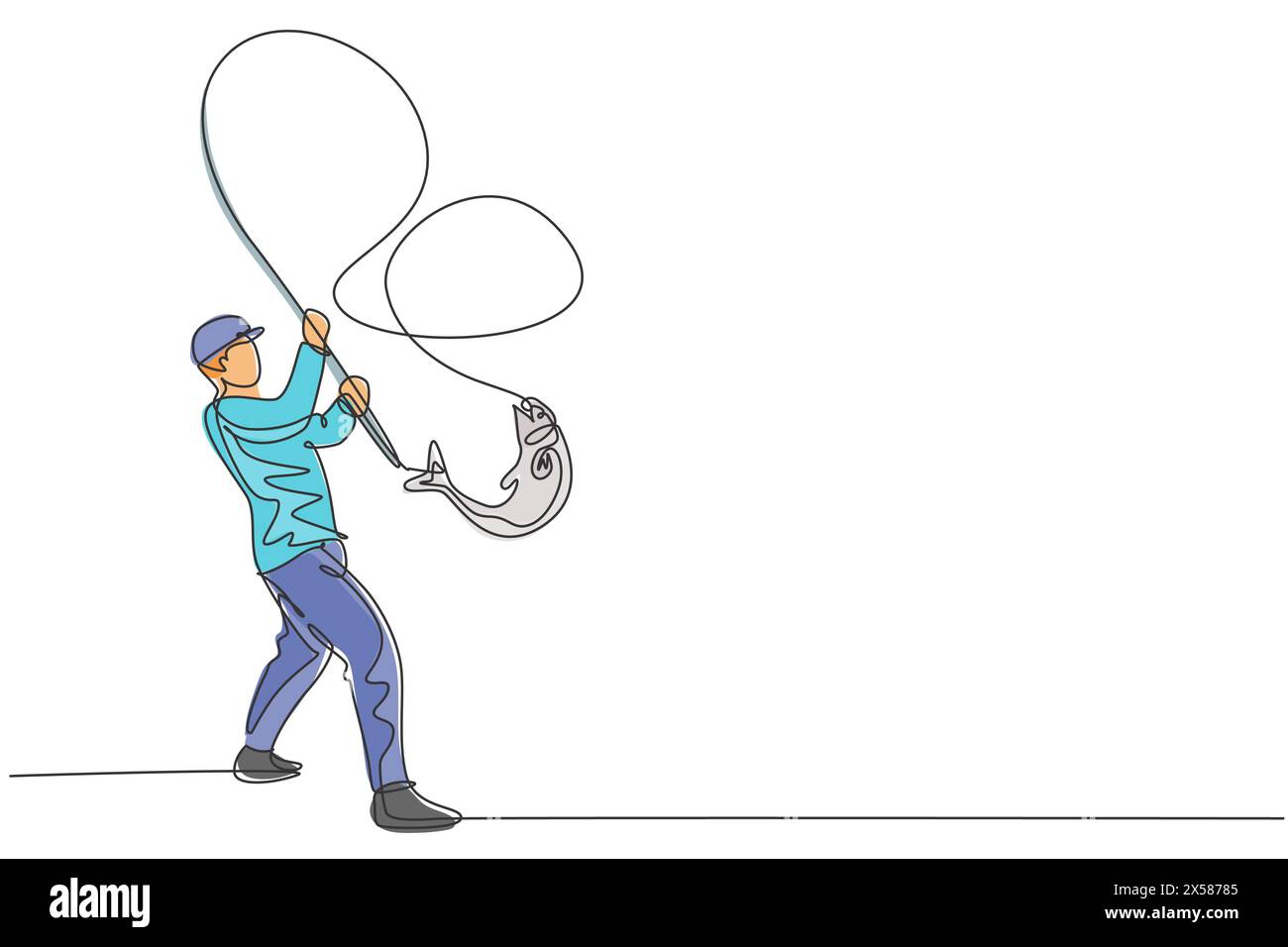 Single continuous line drawing young happy fisher man fly fishing ...