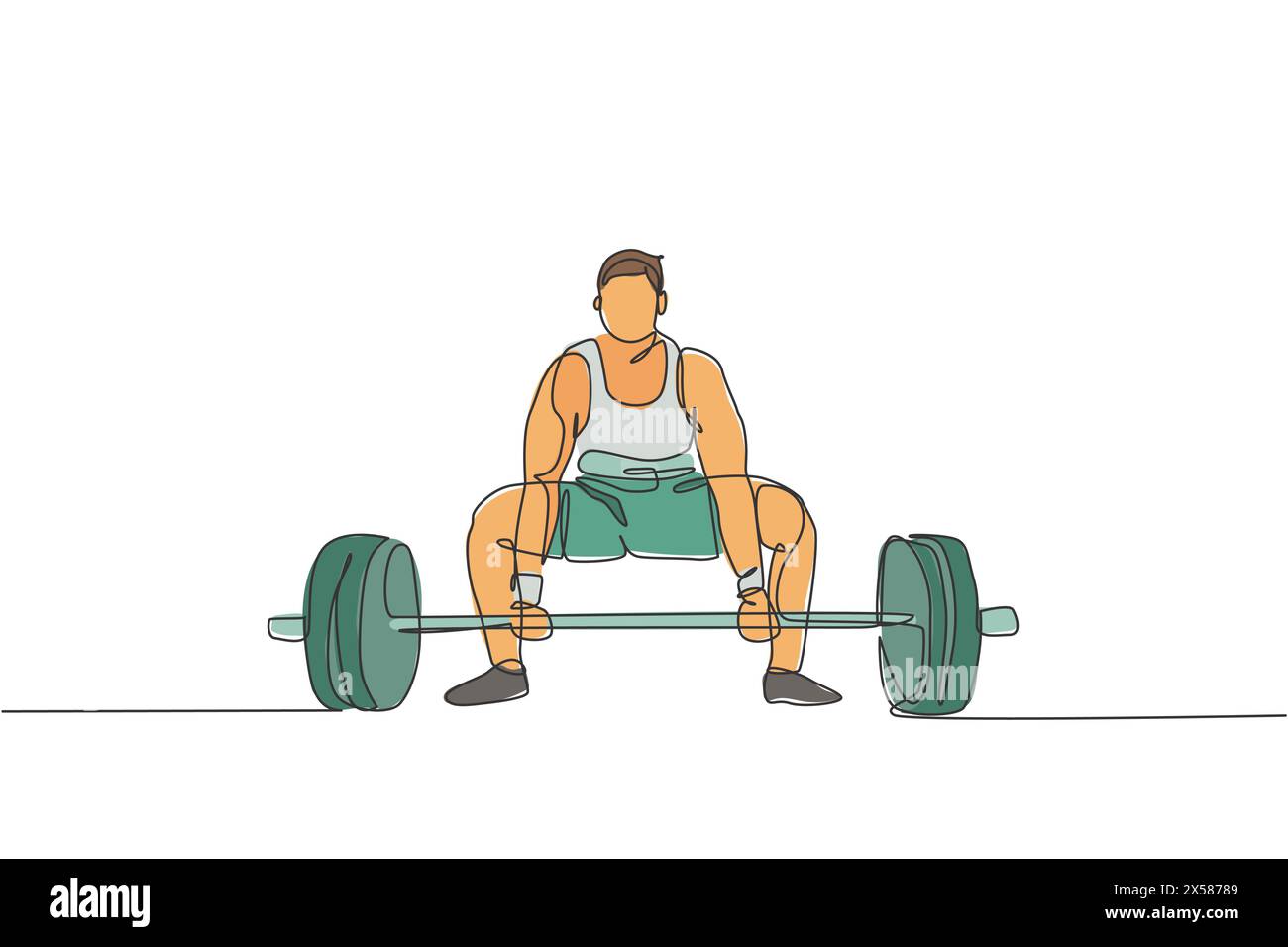 One continuous line drawing of young bodybuilder man doing exercise with a heavy weight bar in ...