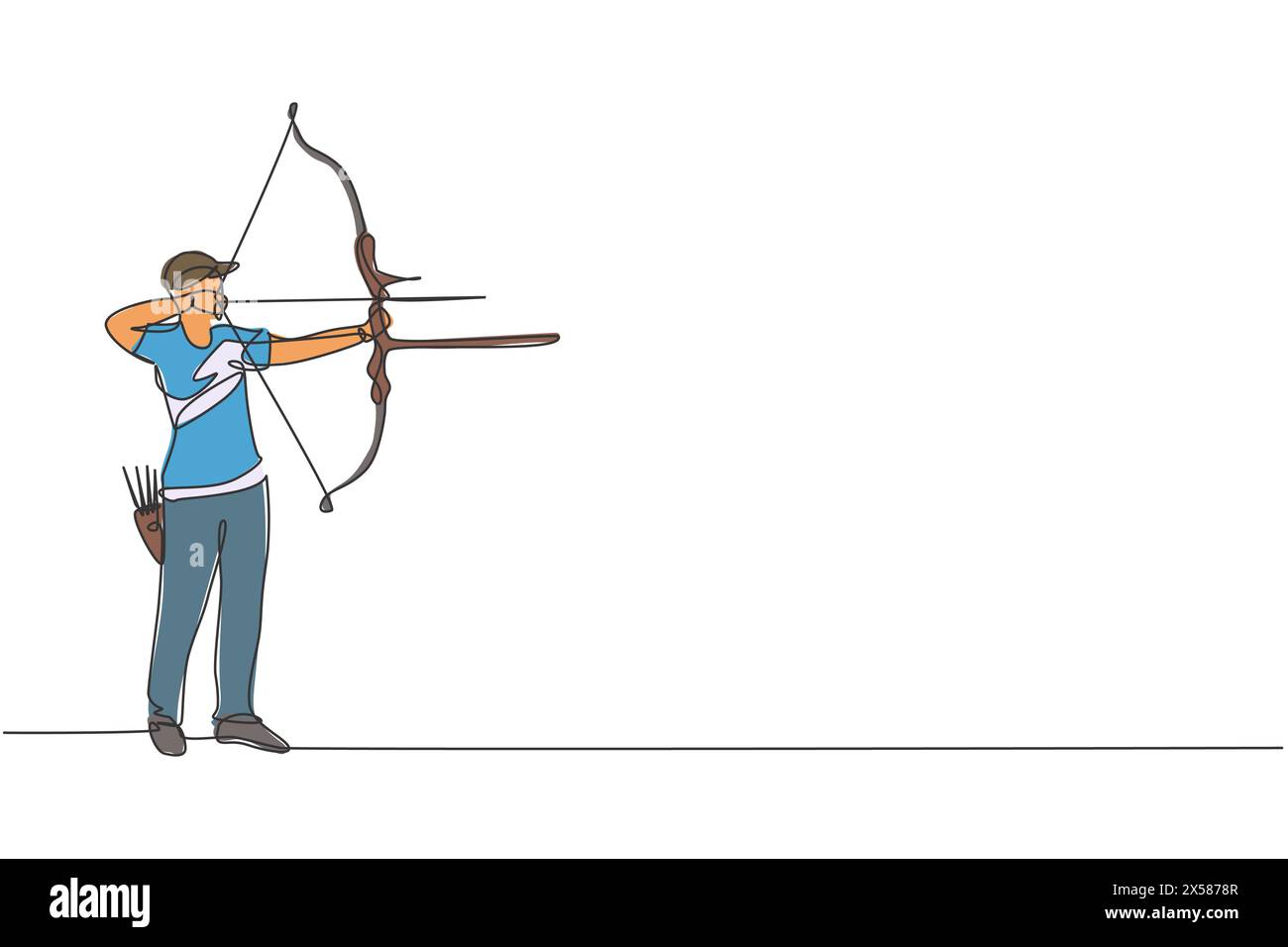 One continuous line drawing of young archer man pulling bow to shooting an archery target ...