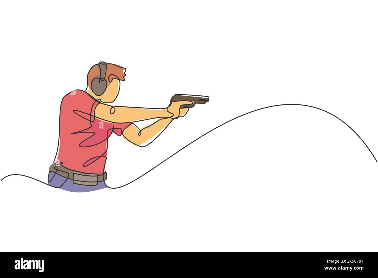 One single line drawing of young man practicing to shot target in range ...