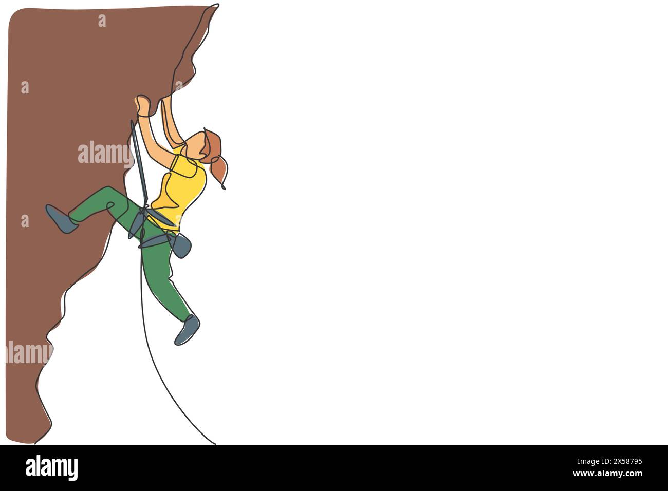 One single line drawing young active woman climbing on cliff mountain ...
