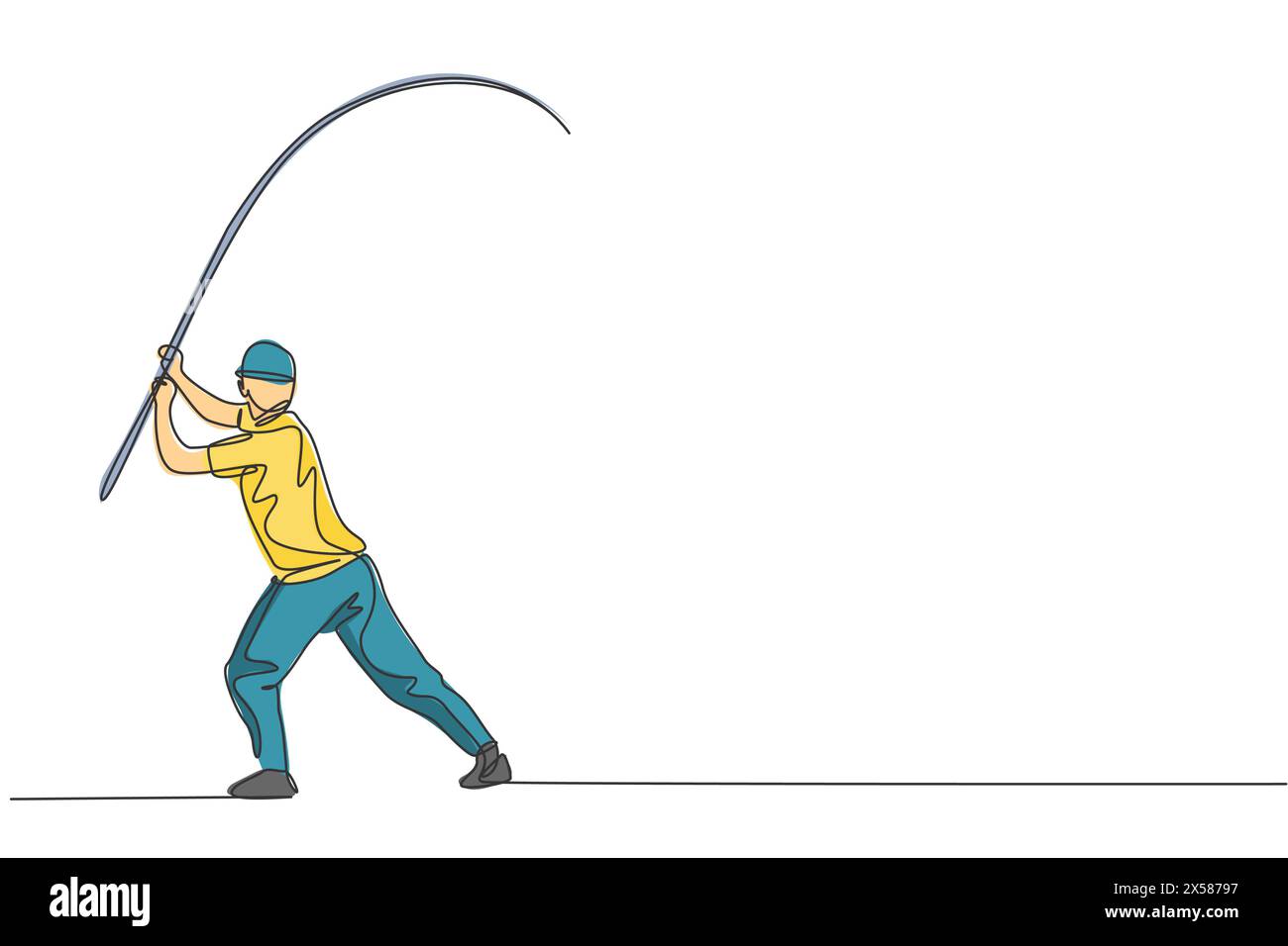 One continuous line drawing of young happy fisherman standing and pull ...
