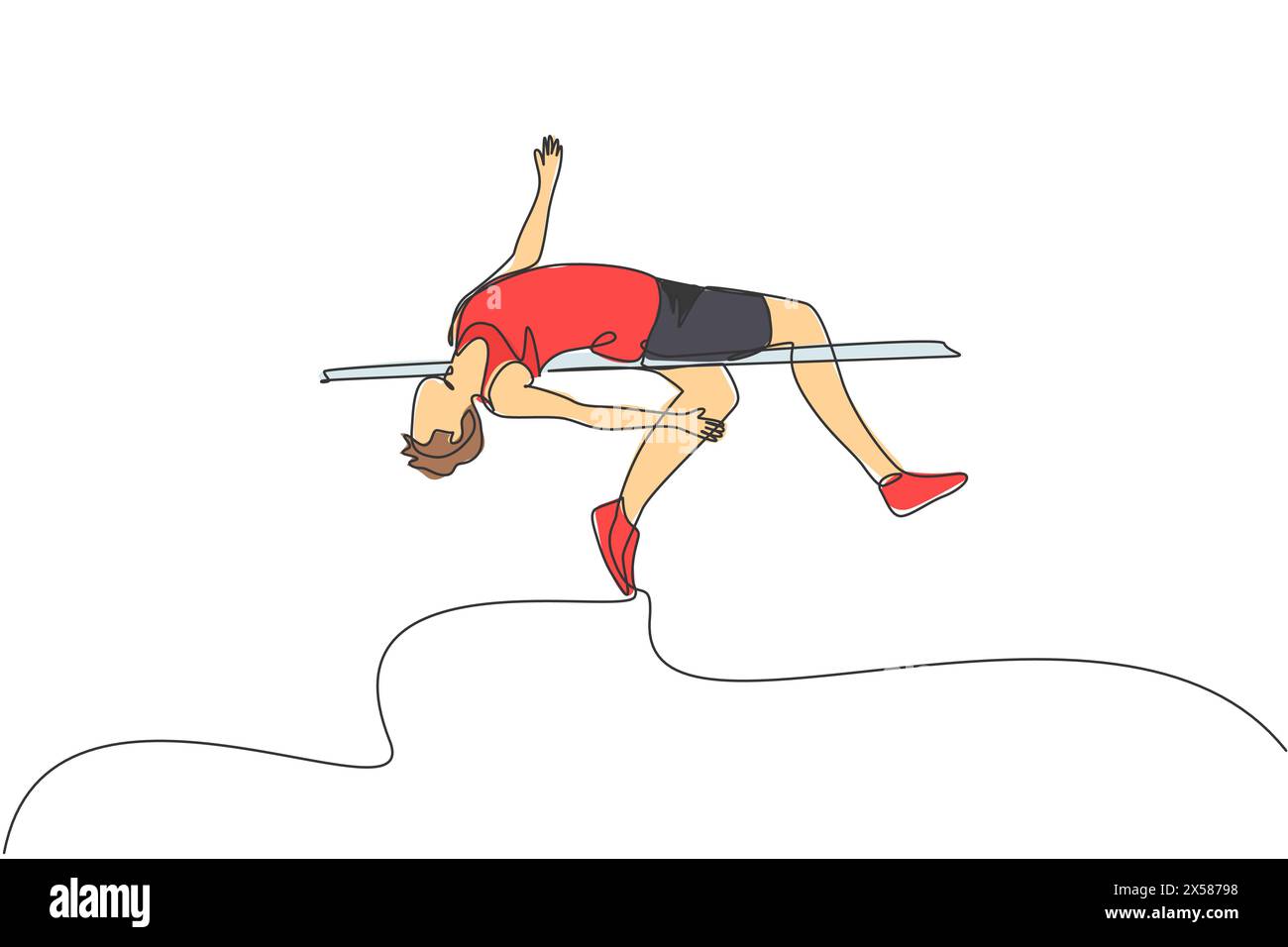 One continuous line drawing young sporty man success to pass the bar on ...