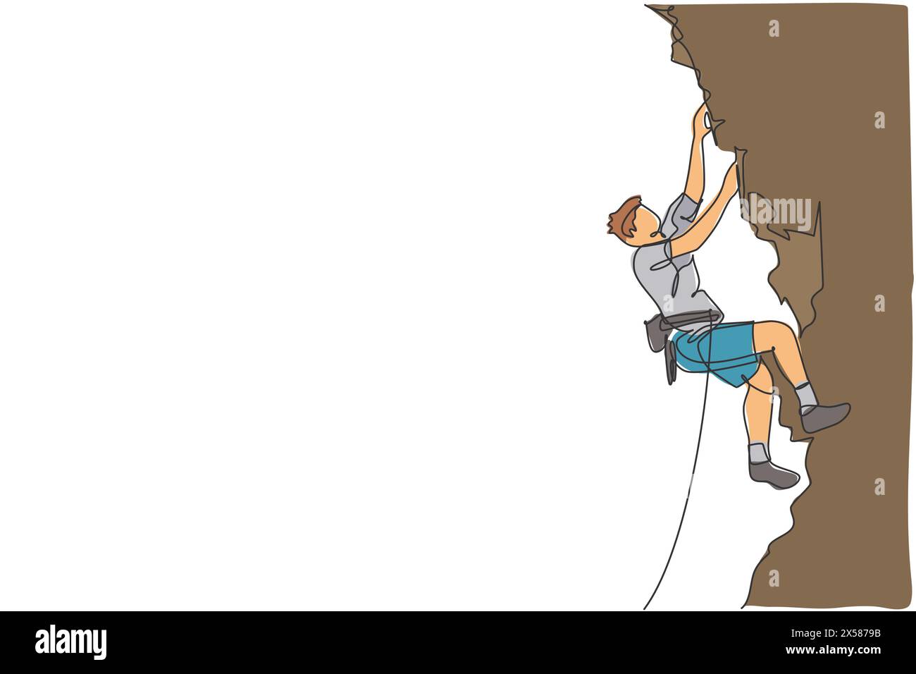 One single line drawing of young active man climbing on cliff mountain ...