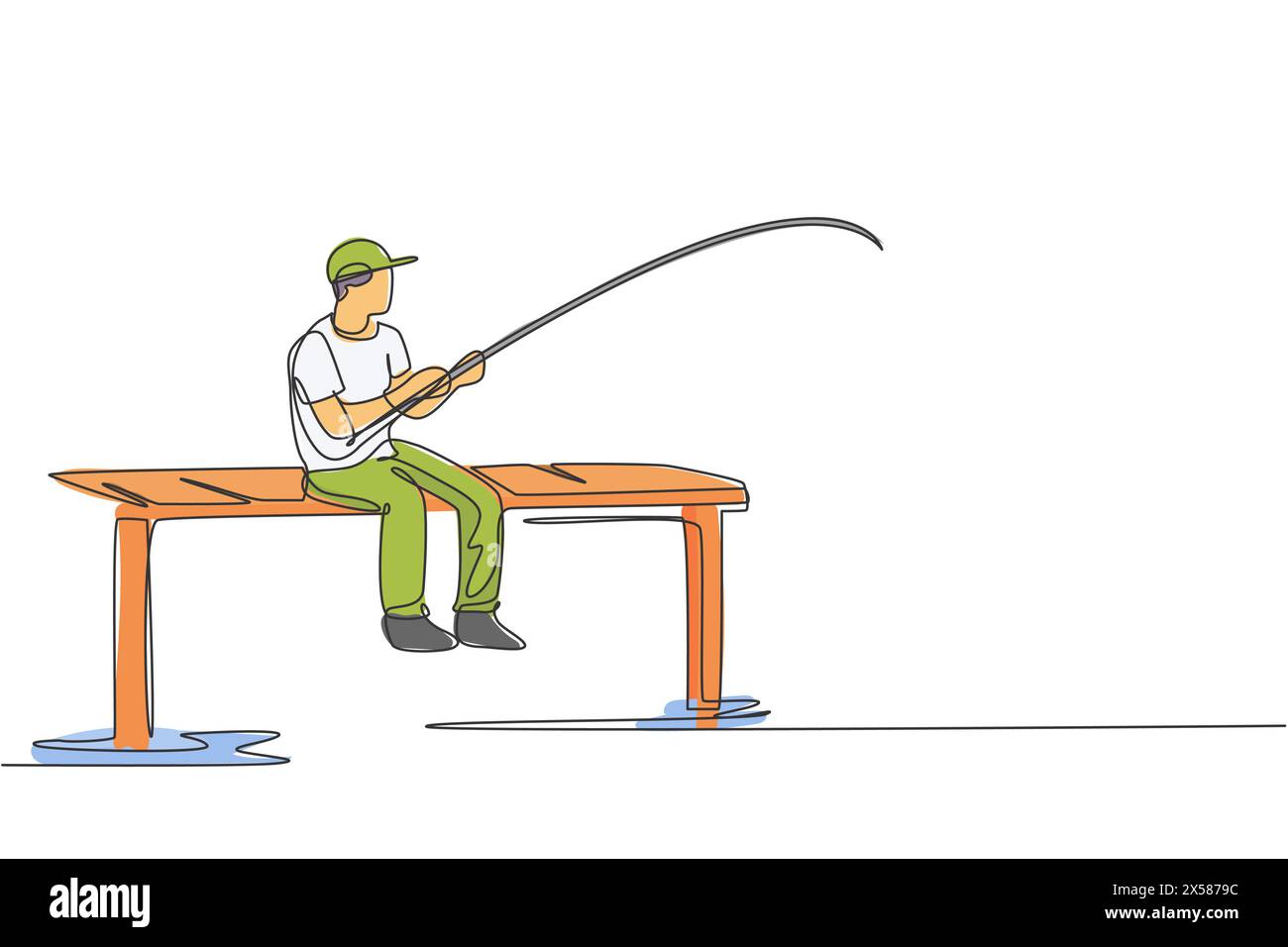 Single continuous line drawing of young happy fisher man fishing big ...