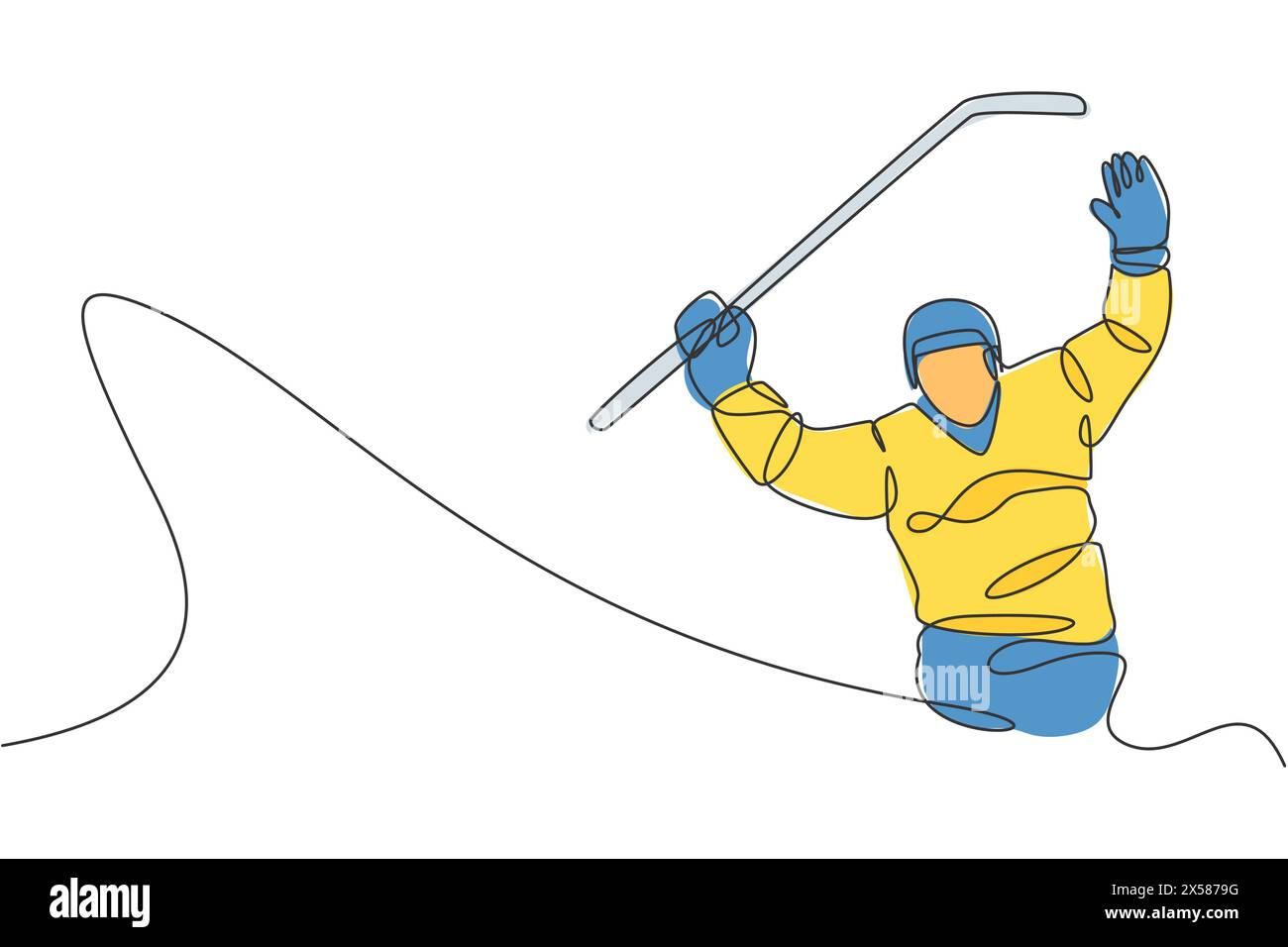 One single line drawing of young ice hockey player celebrate a goal at ...