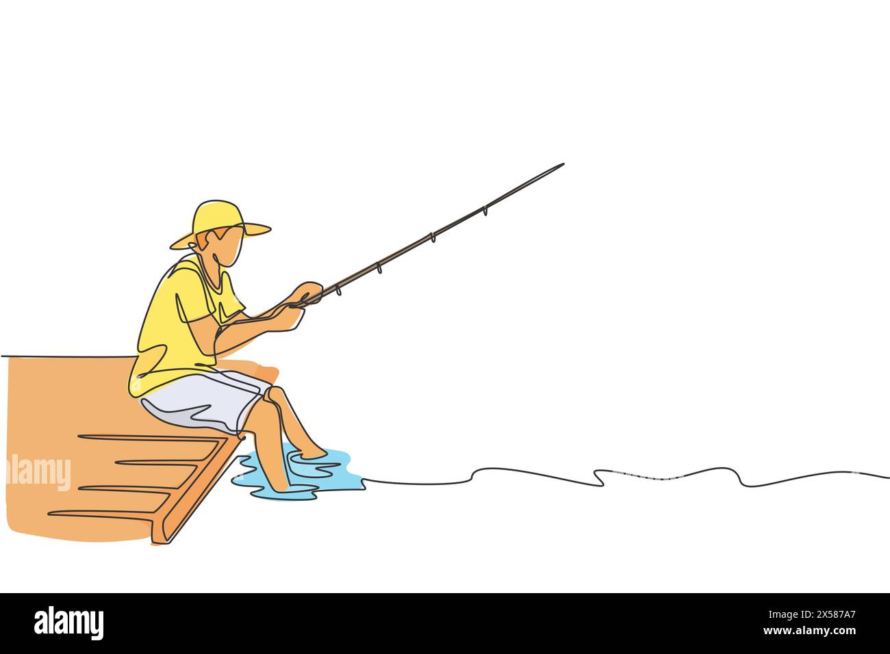 One single line drawing young happy fisher man siting on wooden pier ...